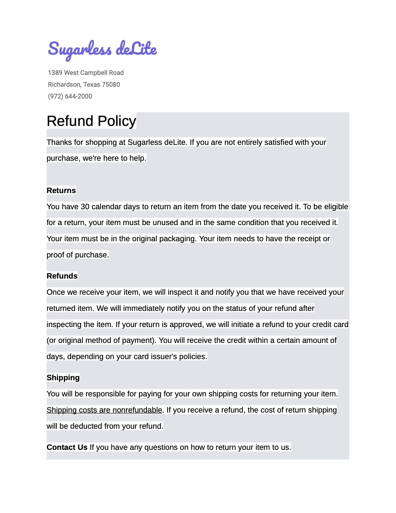 Refund and Returns Policy | Sugarless Delite